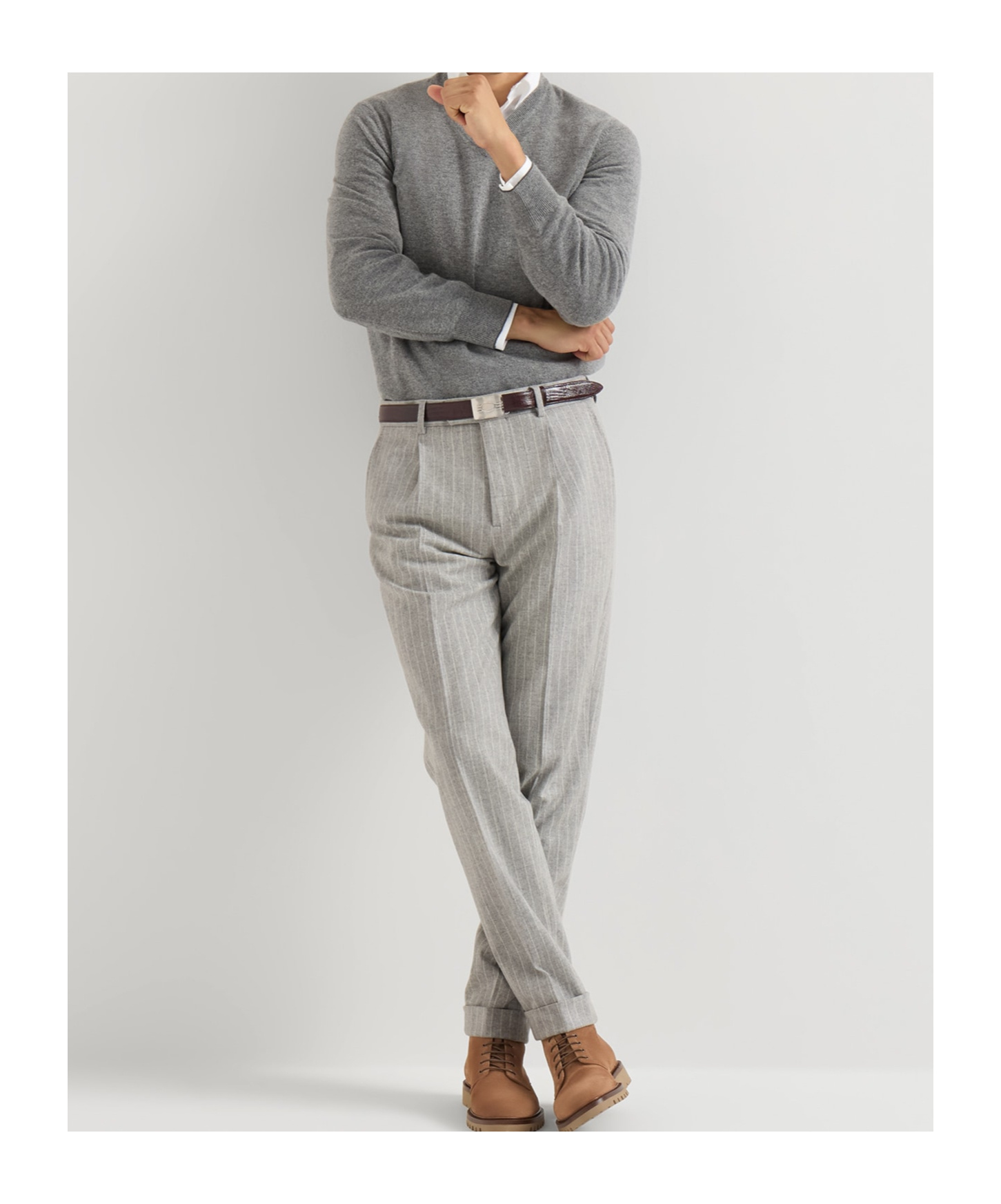 BRUNELLO CUCINELLI Brunello Cucinelli Virgin Wool and Cashmere Chalk Stripe Flannel Trousers with Pleat